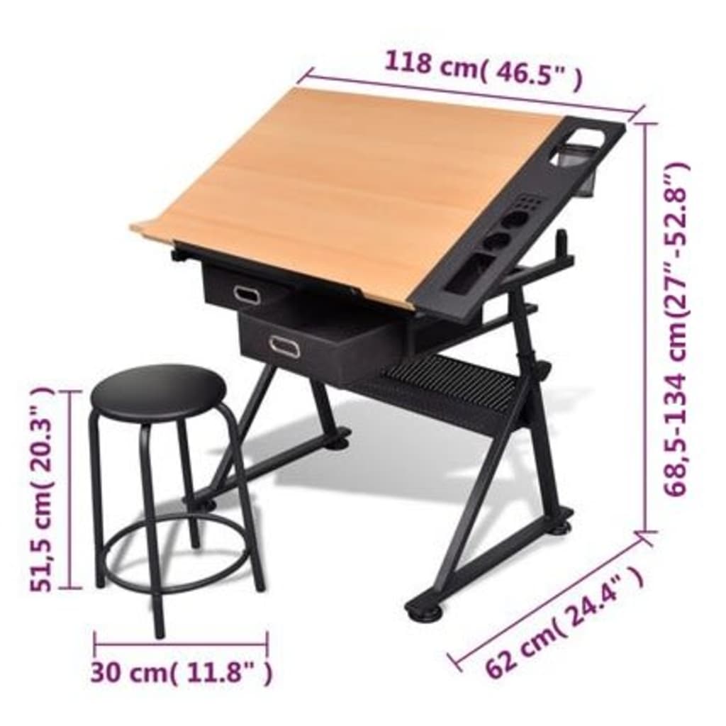 Two Drawers Tiltable Tabletop Drawing Table With Stool Bossly
