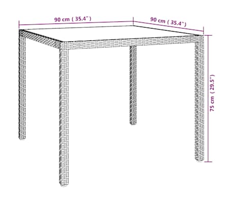 vidaXL Garden Table 90x90x75 cm Tempered Glass and Poly Rattan Brown ...