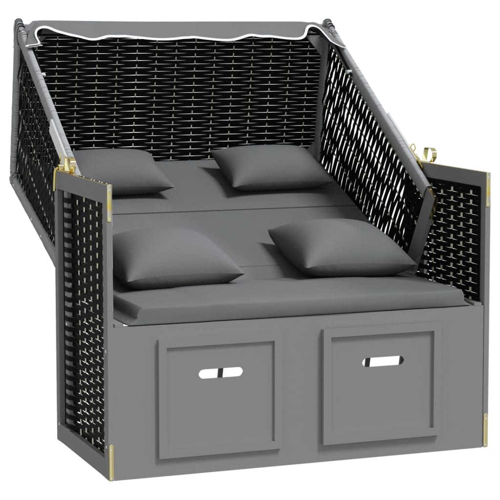 vidaXL Strandstoel met kussen poly rattan en hout antraciet en zwart