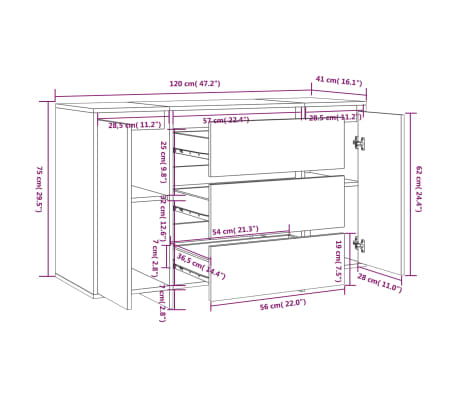 vidaXL Sideboard with 3 Drawers Grey Sonoma 120x41x75 cm Engineered ...