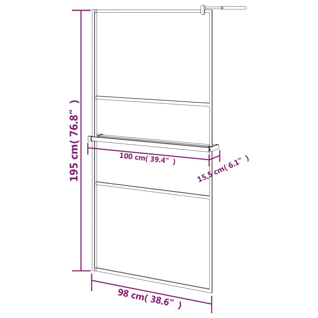 Pregrada za tuš s polico črna 100x195 cm ESG steklo in aluminij ...