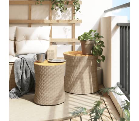 vidaXL Garden Side Tables 2 pcs with Wooden Top Beige Poly Rattan ...