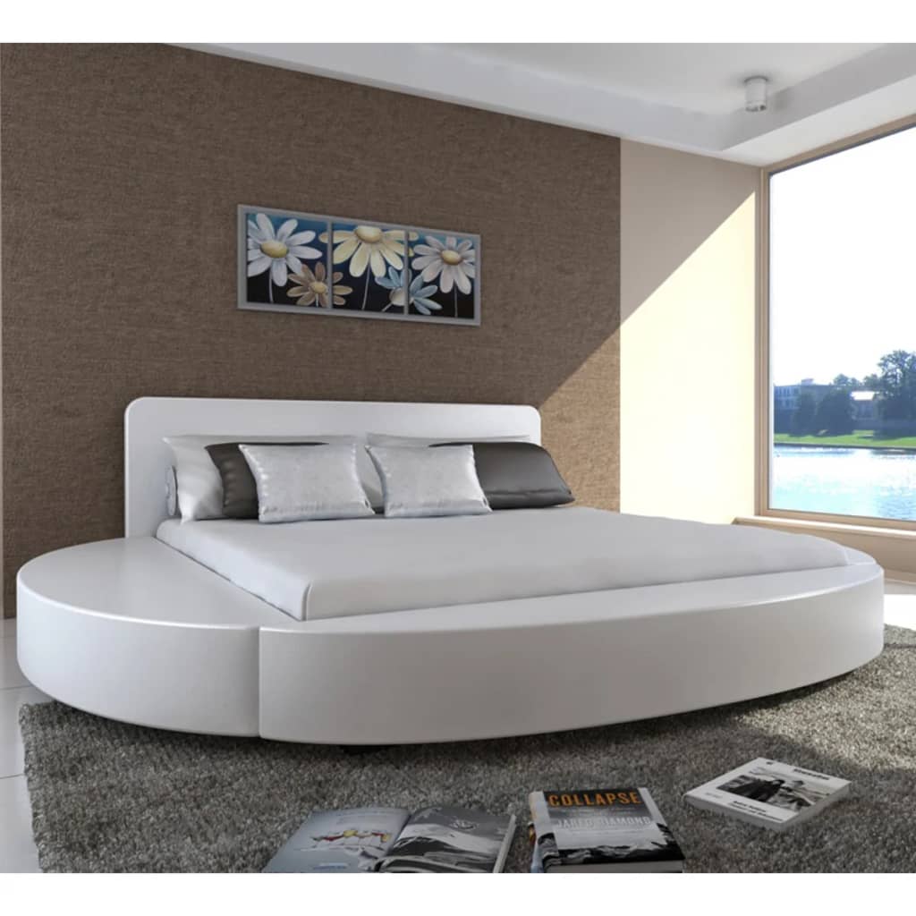 Rond bed van kunstleer 200 x 180 cm. (wit) met memory foam matras ...